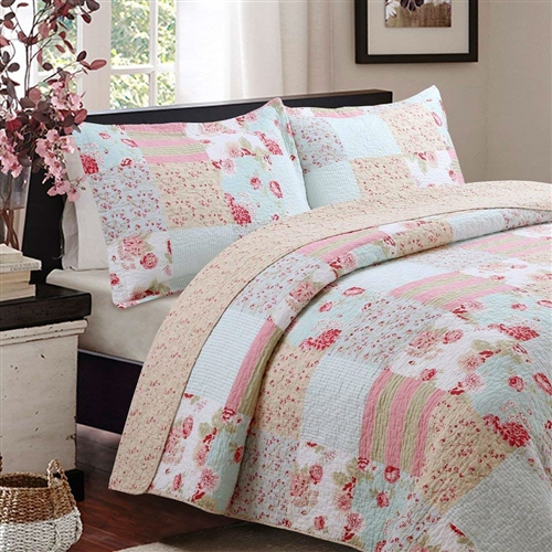 King size 3-Piece Cotton Patchwork Quilt Set with Pink Blue Floral ...
